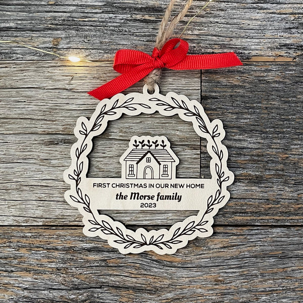 Customizable First Christmas in Our New Home Wreath Ornament – Glowforge Shop