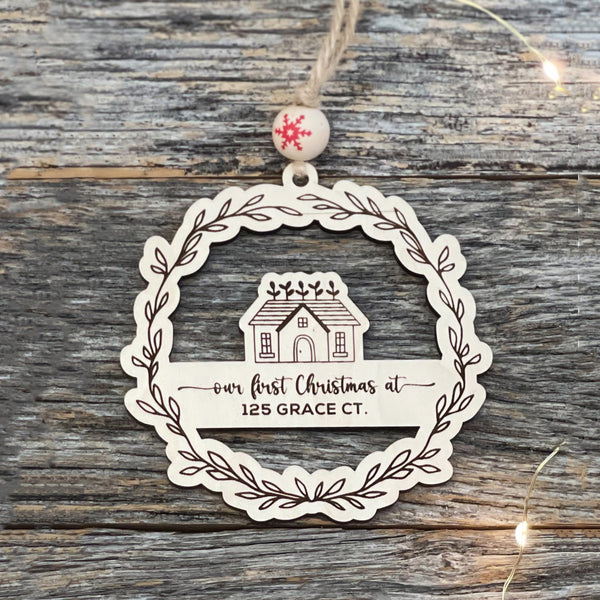 Customizable Our First Christmas At - New Home Wreath Ornament – Glowforge Shop