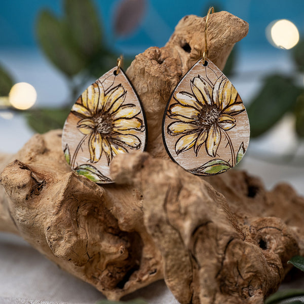 Hand-drawn Style Sunflower with Leaves Teardrop Earrings – Glowforge Shop