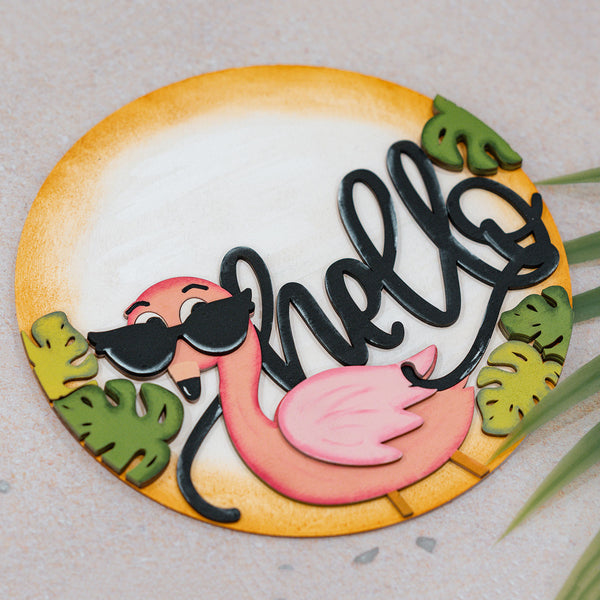 Hello With Cool Flamingo Door Hanger - Flamingo Round Door Sign ...