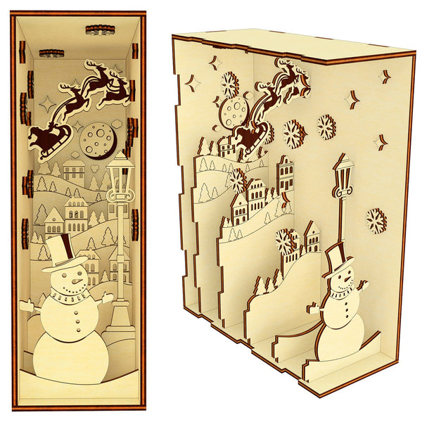 Christmas Book Nook - Winter Scene with Snowman, Santa, Moon and Old C ...