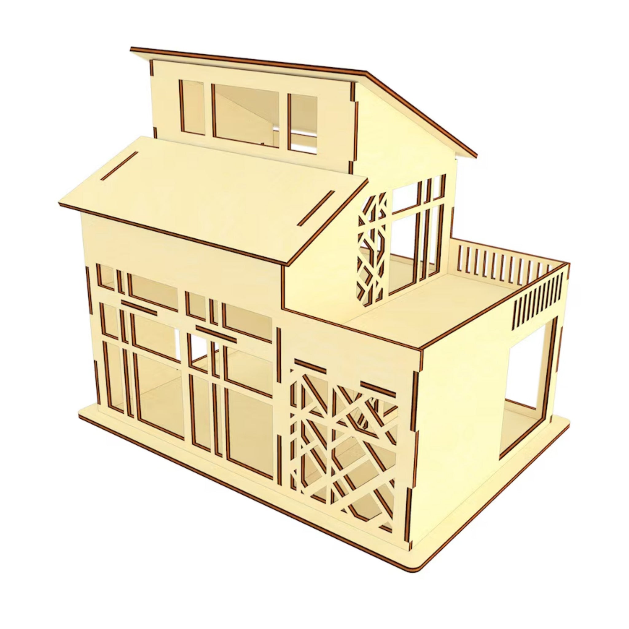 Dollhouse with Open Walls and Balcony in High-Tech Style with Geometri – Glowforge Shop