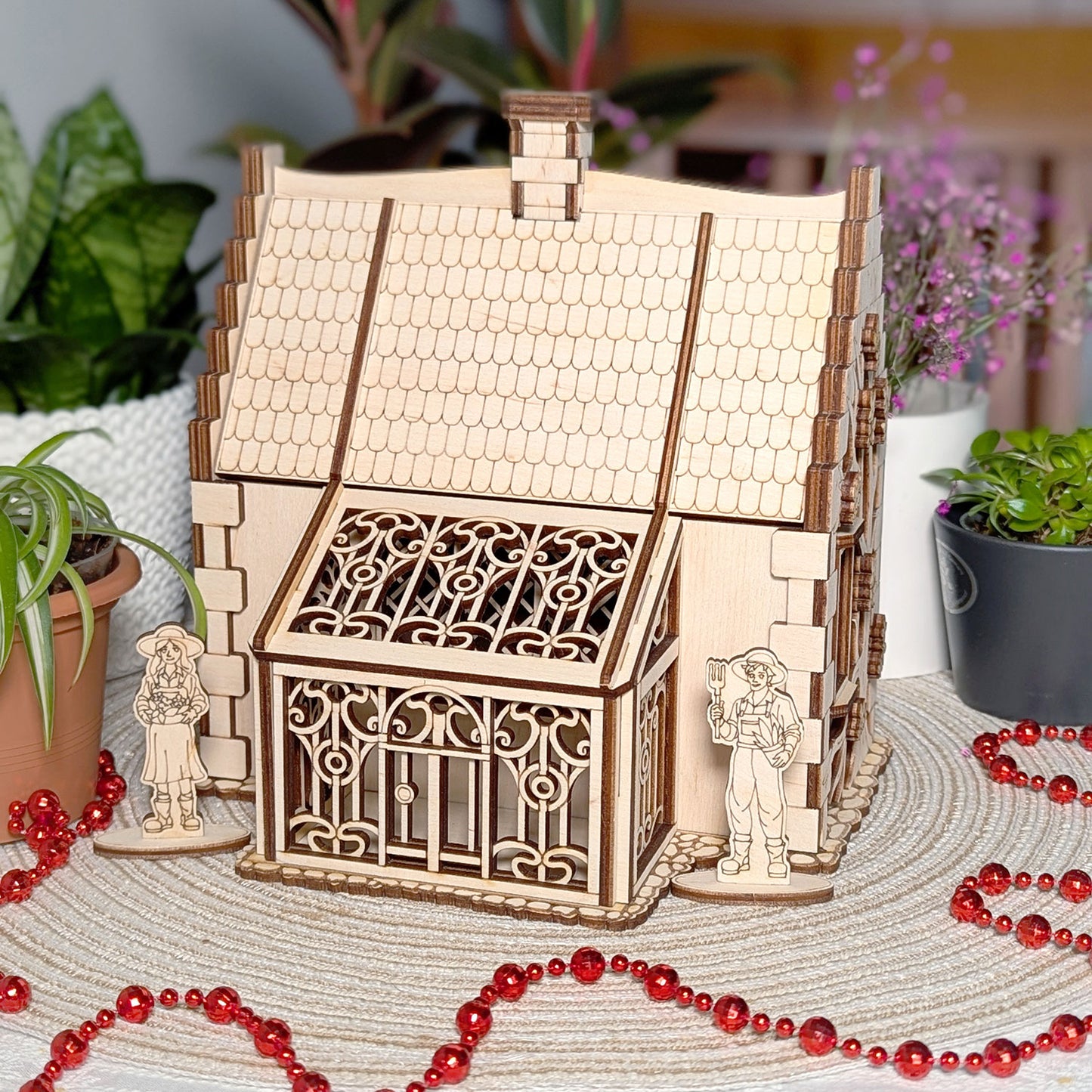 Garden Cottage with Greenhouse - Miniature with Opening Roof and Chara ...