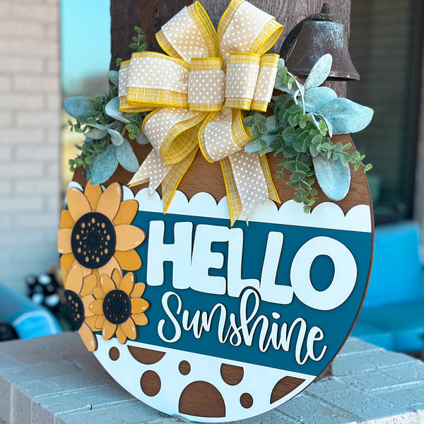 Hello Sunshine Sunflower Round Door Hanger - Farmhouse Porch Sign ...