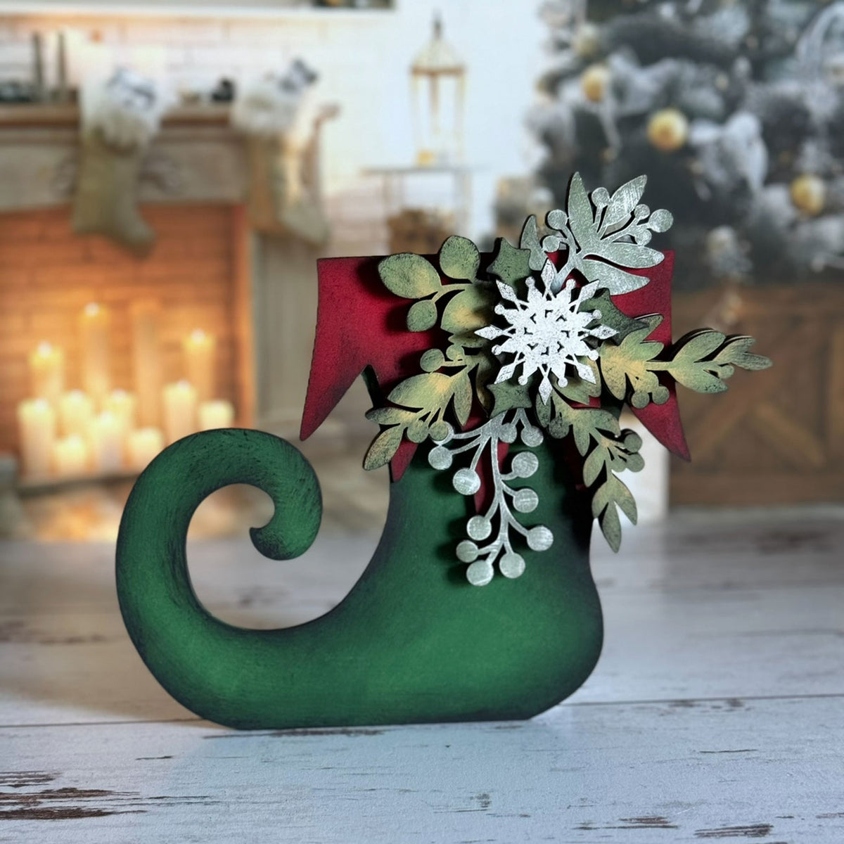 Mistletoe and Holly Adorned Elf Boot Shelf Sitter – Glowforge Shop