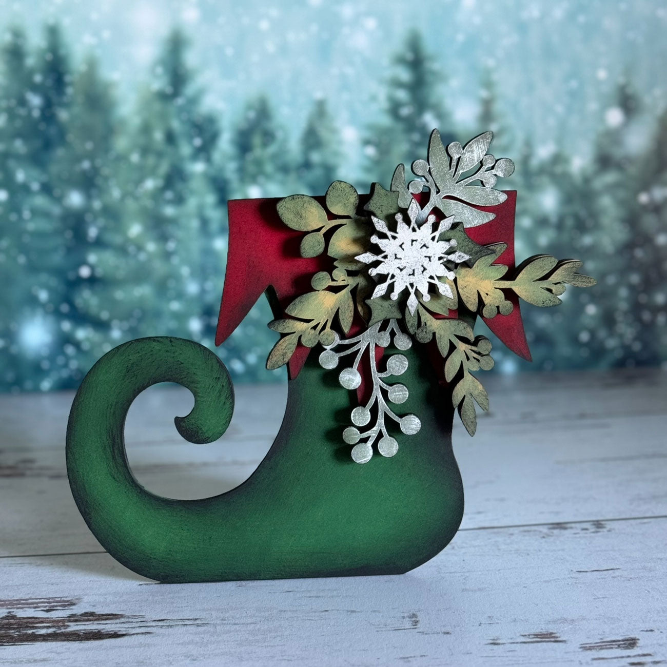 Mistletoe and Holly Adorned Elf Boot Shelf Sitter – Glowforge Shop
