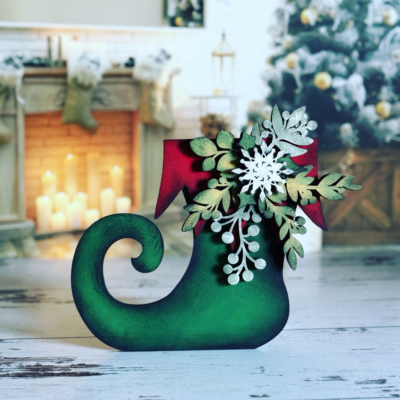 Mistletoe and Holly Adorned Elf Boot Shelf Sitter – Glowforge Shop