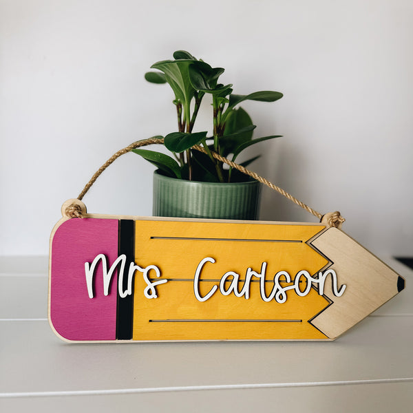 Personalized Pencil Teacher Name Sign - Classroom Door Hanger ...
